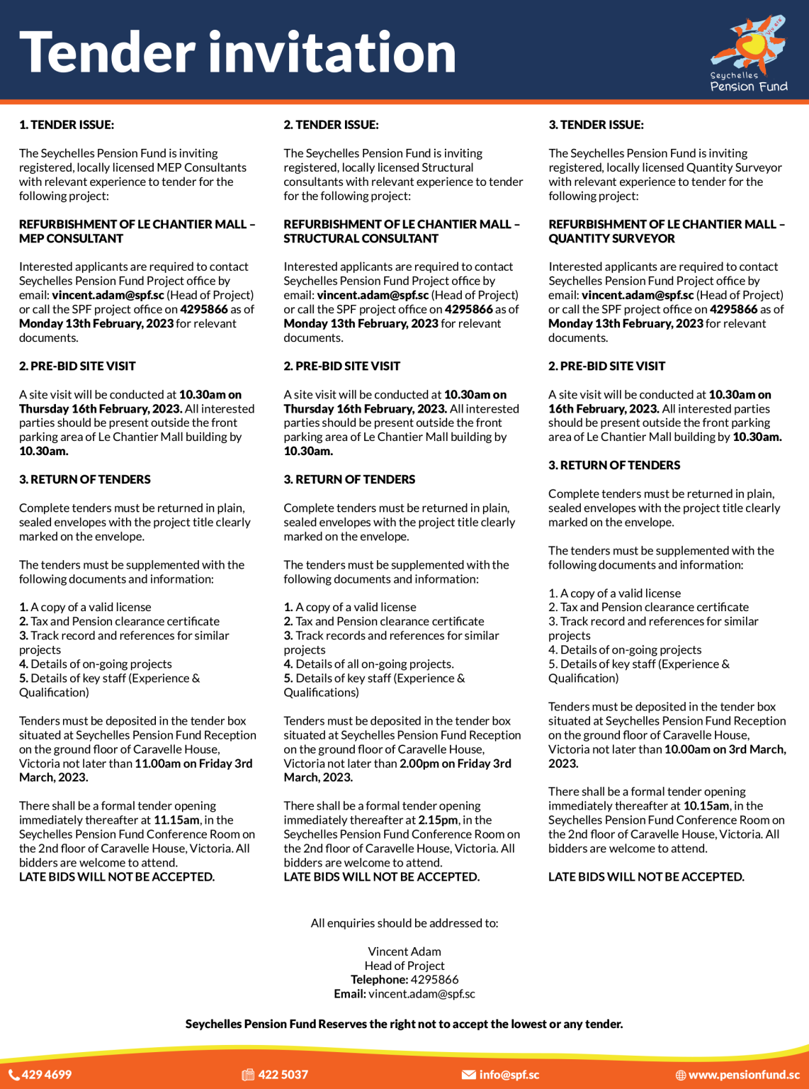 Tender invitation February 2023 – Seychelles Pension Fund